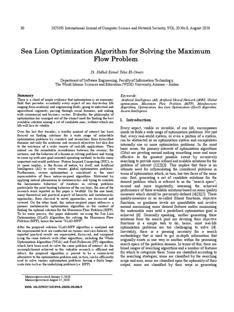 Sea Lion Optimization Algorithm For Solving The Maximum Flow Problem | PDF | Time Complexity ...