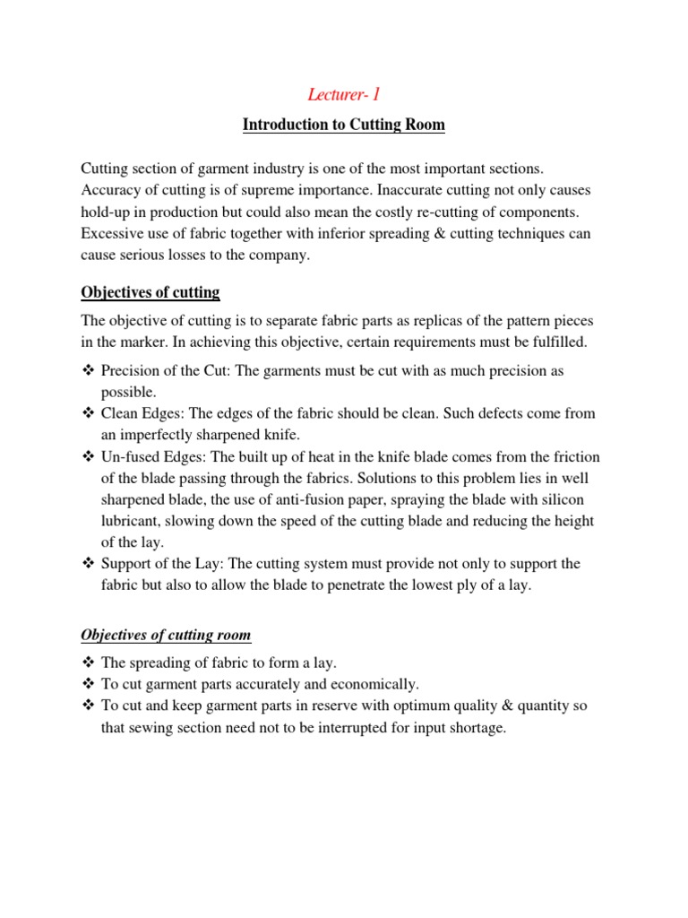 Introduction To Cutting Room: Lecturer-1 | PDF | Seam (Sewing) | Mass ...