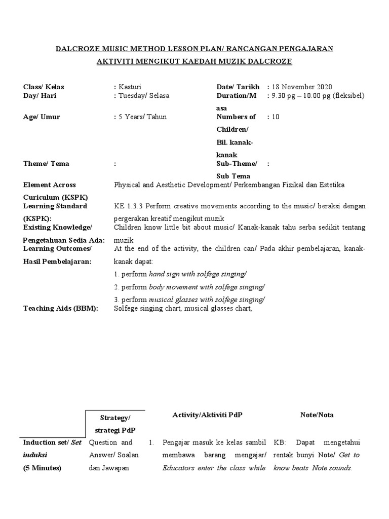DALCROZE MUSIC METHOD LESSON PLAN (Hana) | PDF | Musicology | Performing Arts