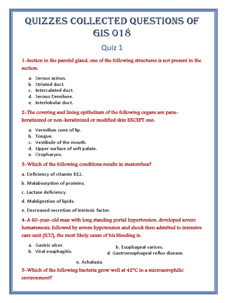 Quizzes Collected Questions of Gis 018: Quiz 1 | PDF | Esophagus | Liver
