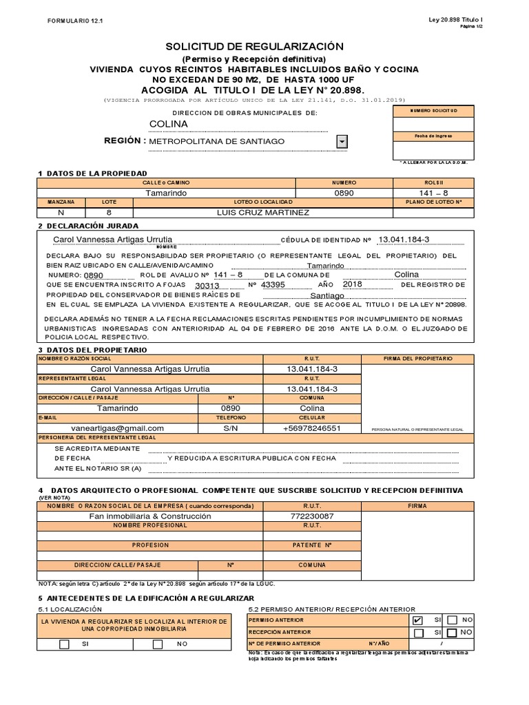Formulario Ley 20898-Viv 90 (Actual) | PDF | Arquitecto | Sectores ...