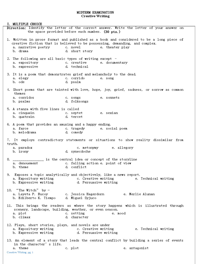 Creative Writing Midterm Exam | PDF | Plot (Narrative) | Poetry