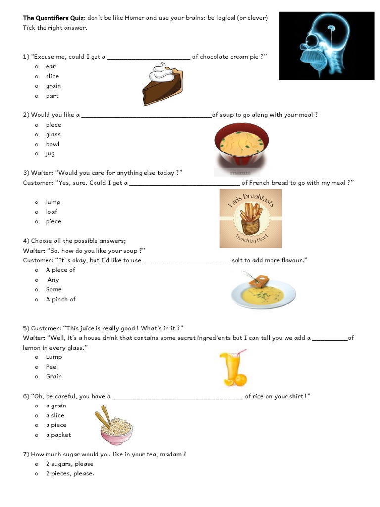 Quantifiers Quiz Tests - 74914 | PDF | Cooking, Food & Wine
