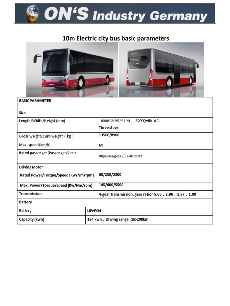 10m Electric City Bus Specs & Pricing | PDF | Brake | Steering