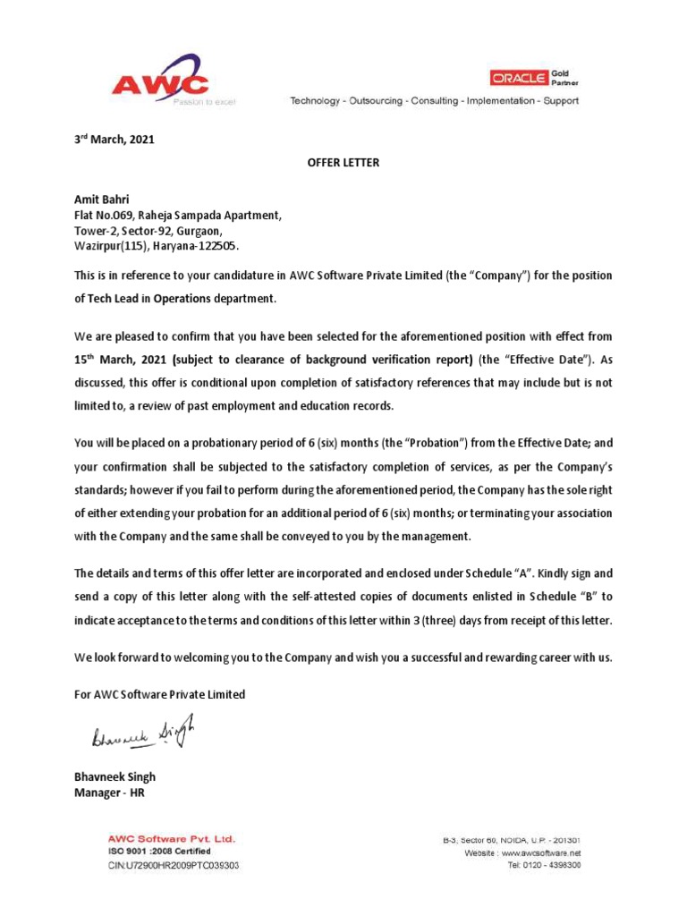 Amit Bahri - Offer Letter | PDF | Payroll | Employment