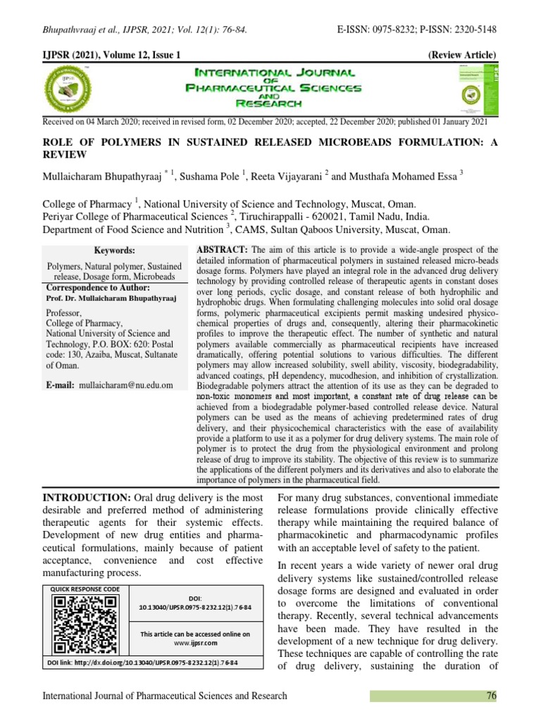 Role of Polymers in Sustained Released Microbeads Formulation: A Review ...