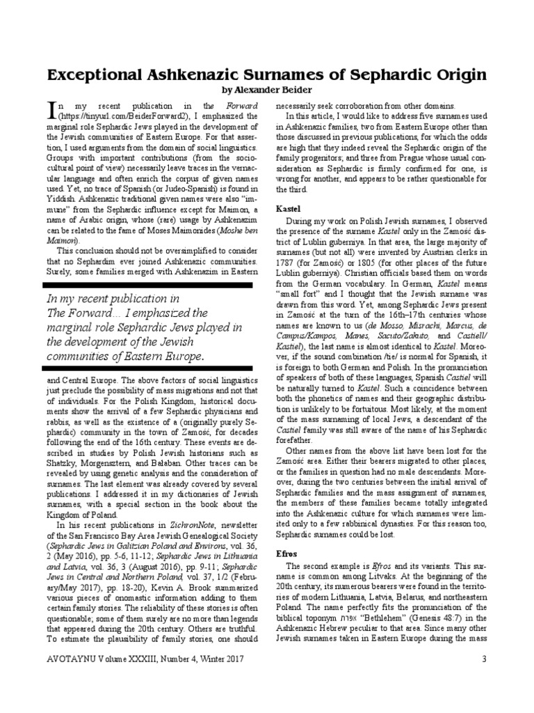 Exceptional Ashkenazic Surnames Of Sephardic Origin Pdf Ashkenazi