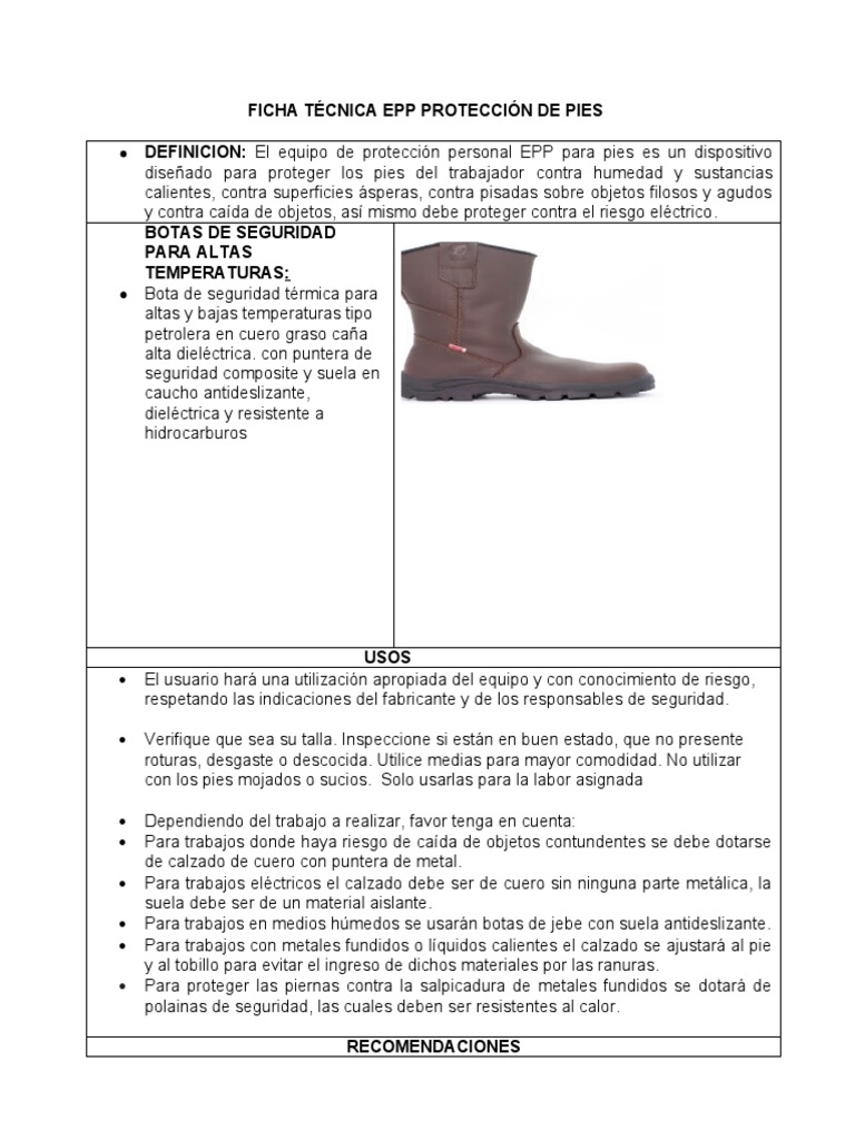 Ficha Tecnica Epp Protección de Pies | PDF | Bota | Calzado