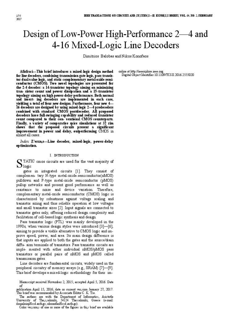 Design of Low-Power High-Performance 2-4 and 4-16 Mixed-Logic Line Decoders | Download Free PDF ...