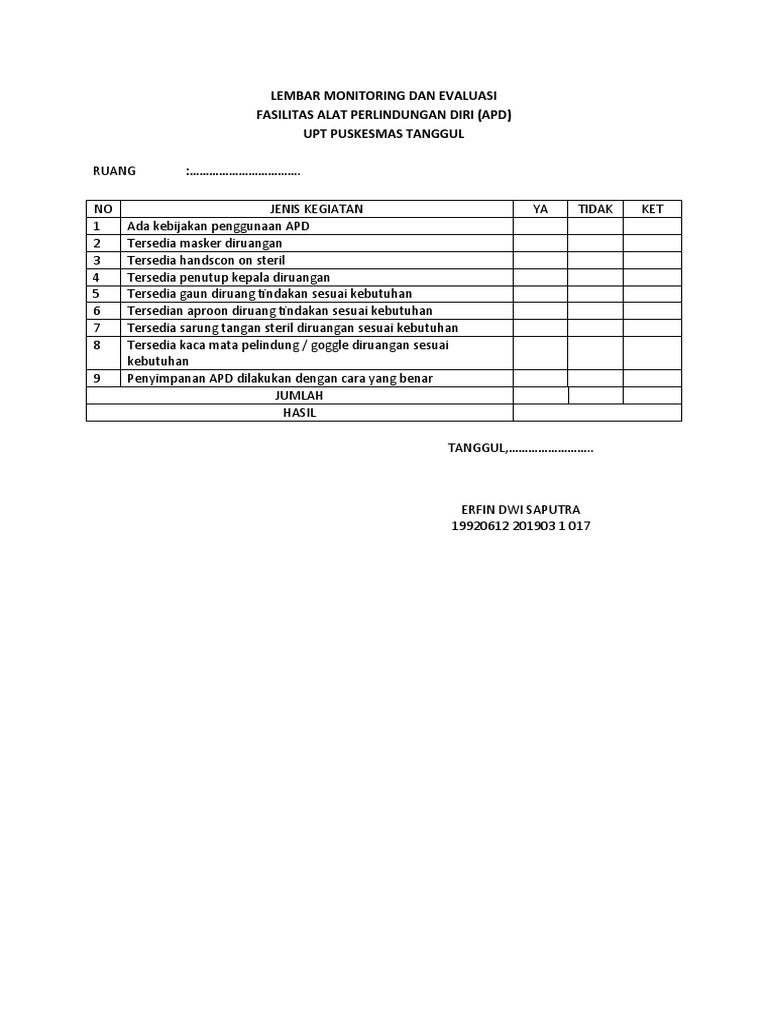 Lembar Monitoring Dan Evaluasi Fasilitas Apd | PDF