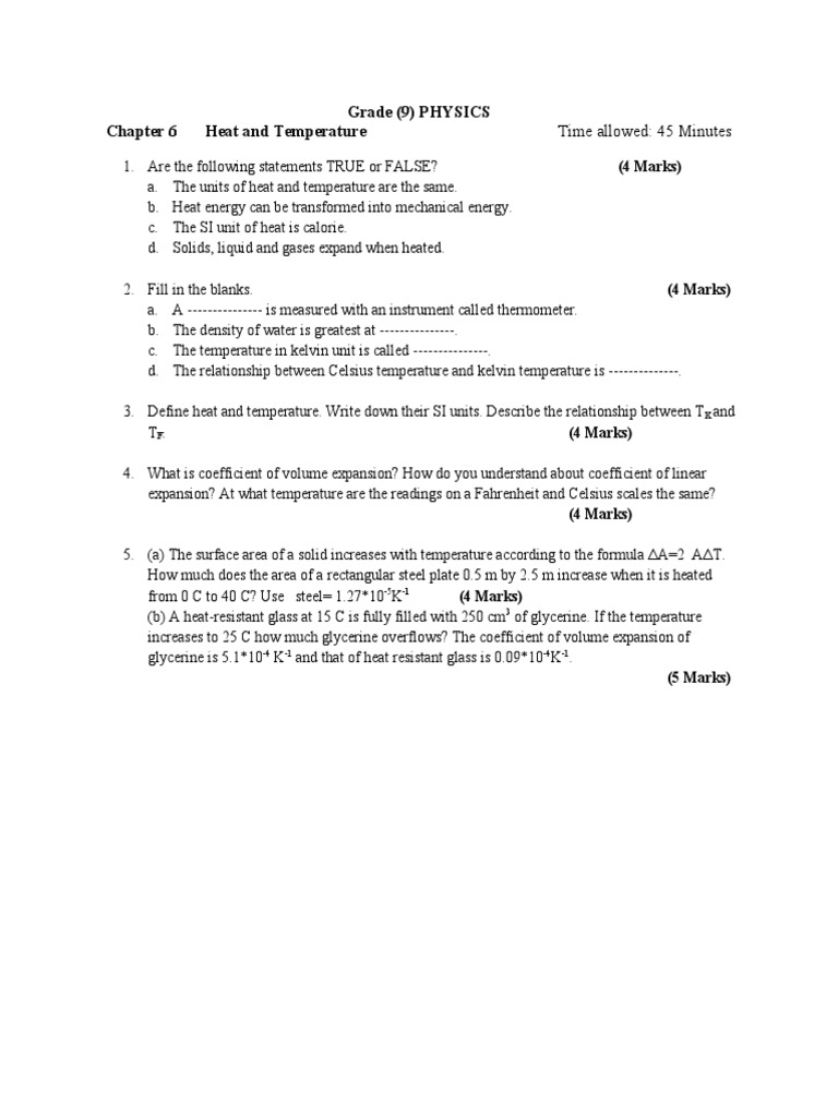 Grade (9) PHYSICS Heat and Temperature Time Allowed: 45 Minutes | PDF