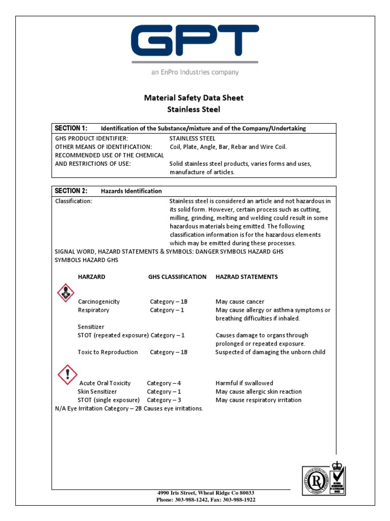 Stainless Steel Material Safety Data Sheet - 0 | PDF | Chromium | Toxicity