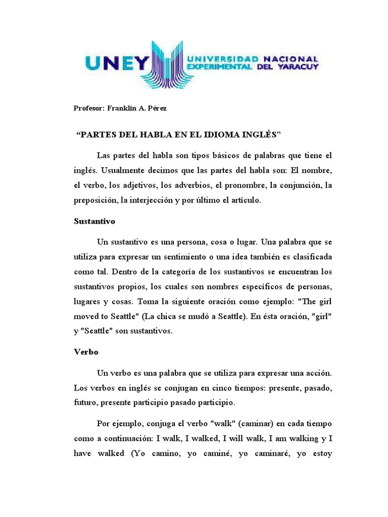 Partes Del Habla Inglés | PDF | Verbo | Preposición y Postposición