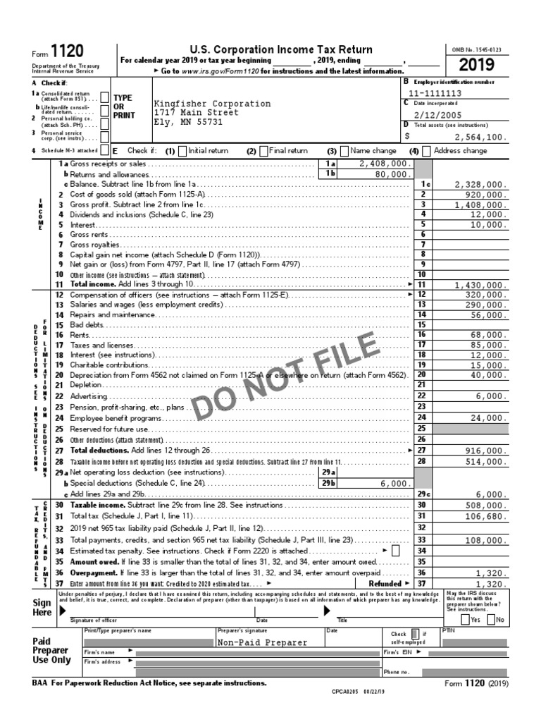 Sample Completed Form 1120 Tax Return | PDF | Irs Tax Forms | Tax Deduction