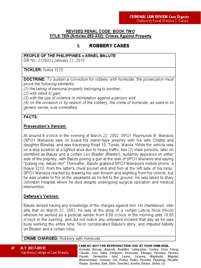 I. Robbery Cases: Criminal Law Review Case Digests | PDF | Robbery | Rape