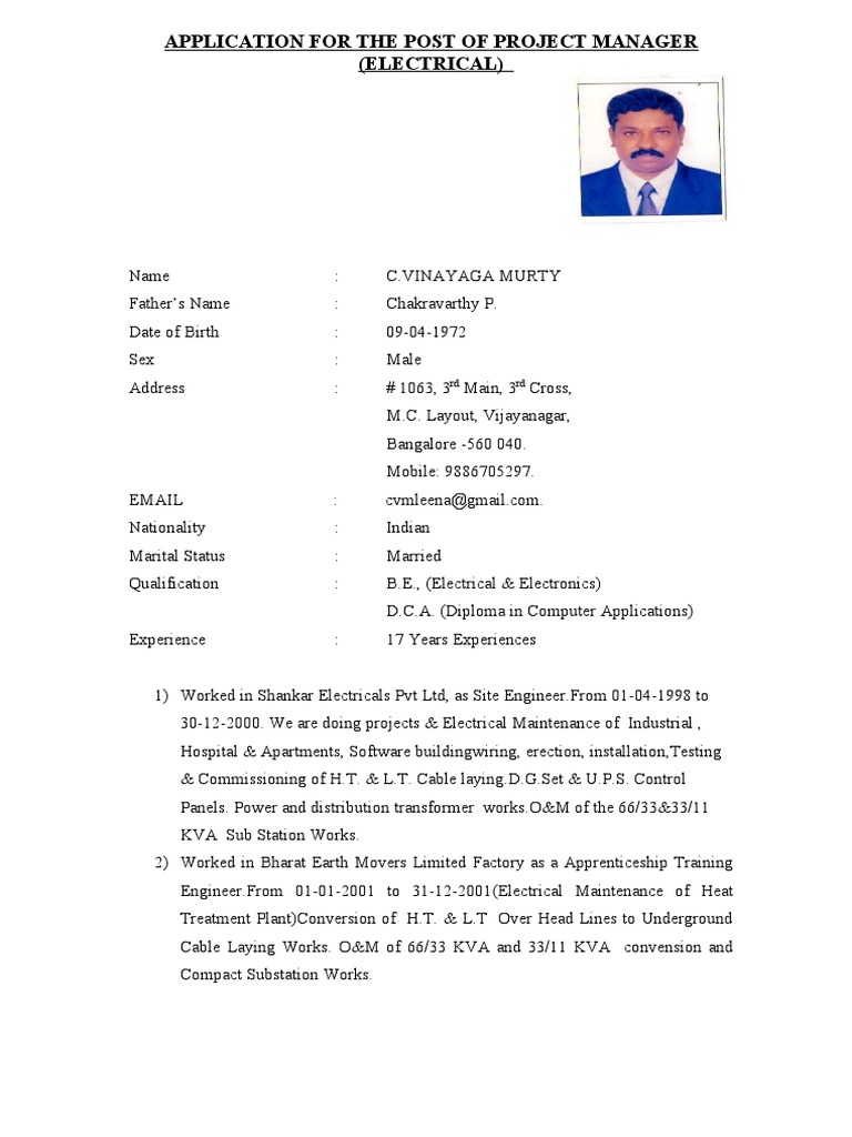 Application For The Post of Project Manager (Electrical) : RD RD ...