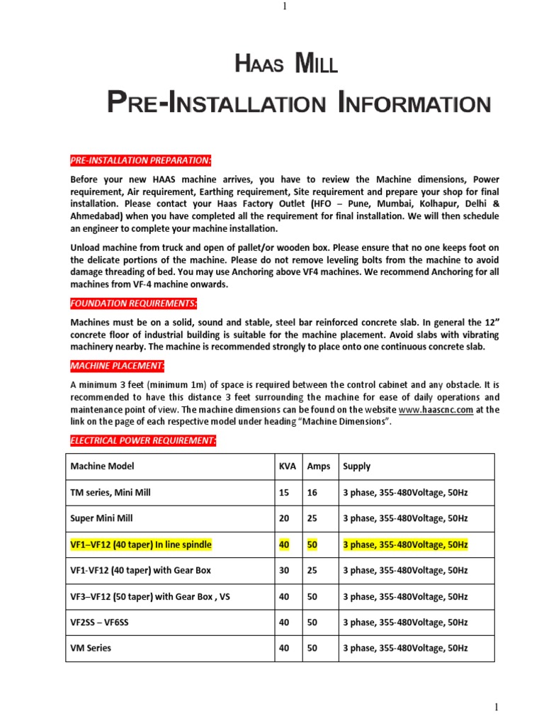 Pre Installation For Haas Mills Pdf Mains Electricity Equipment