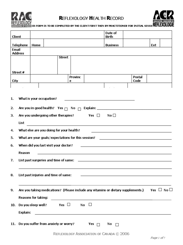 Reflexology New Patient Form | PDF | Pain | Fibromyalgia