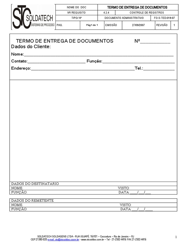 TERMO DE ENTREGA DE DOCUMENTO - Modelo | PDF