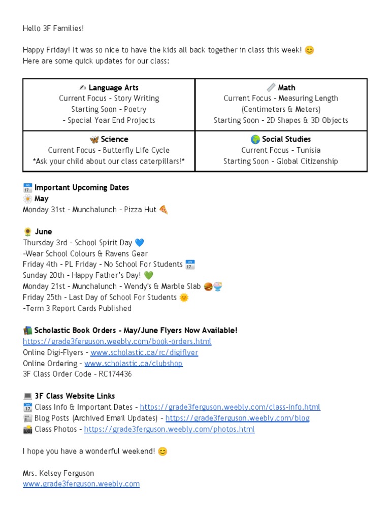 3f Class Update - May 28th | PDF | Language Arts & Discipline