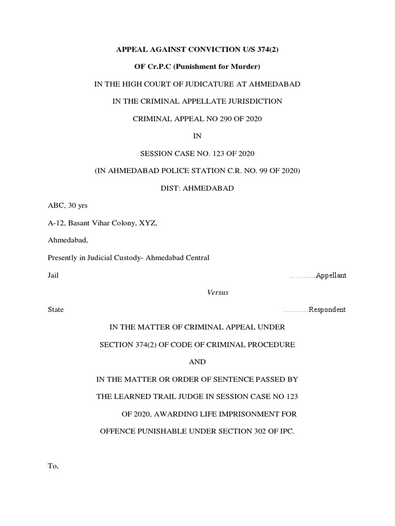 Appeal Against Conviction U/S 374 (2) OF CR.P.C (Punishment For Murder) | PDF | Judgment (Law ...