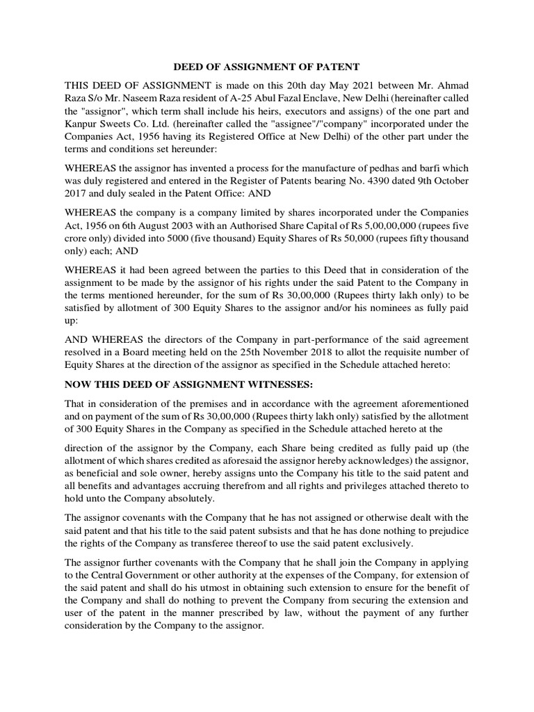 Deed of Assignment of Patent | PDF | Assignment (Law) | Patent