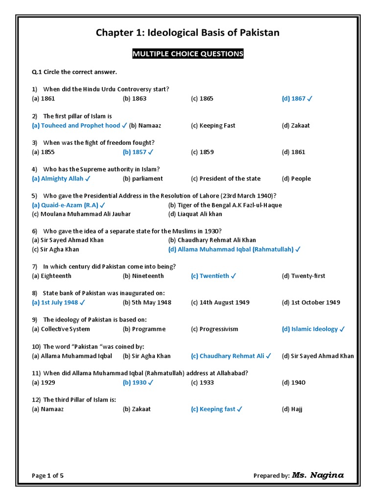 Chapter 1: Ideological Basis of Pakistan: Multiple Choice Questions ...