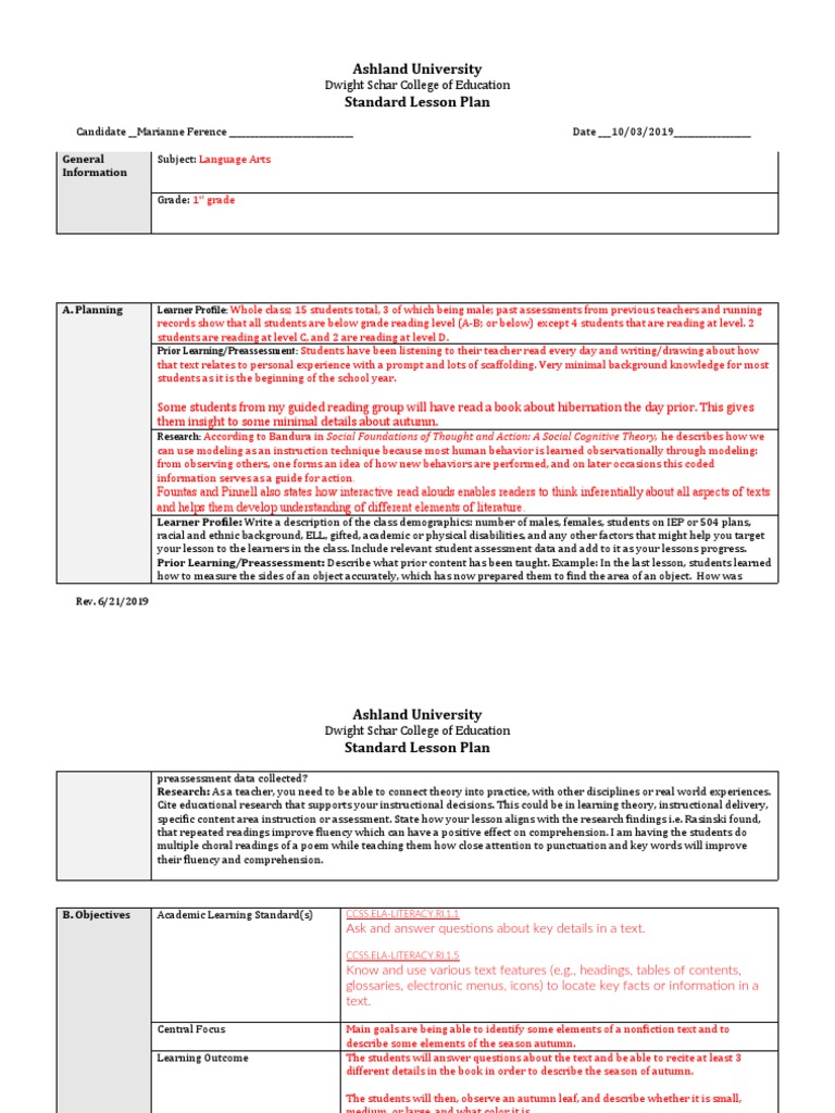 Ashland University Standard Lesson Plan: Dwight Schar College of ...
