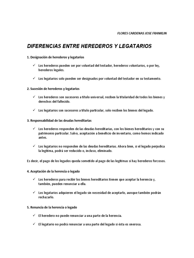 Herederos y Legatarios Diferencia | PDF Herederos y Legatarios Diferencia | PDF