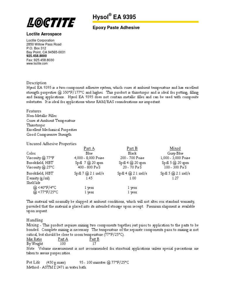 Hysol EA9395 Data Sheet | PDF | Adhesive | Pascal (Unit)