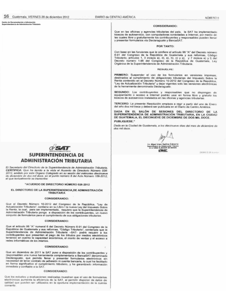 Acuerdo Directorio No. 026-2012 Supresión Formularios Papel ISR | PDF