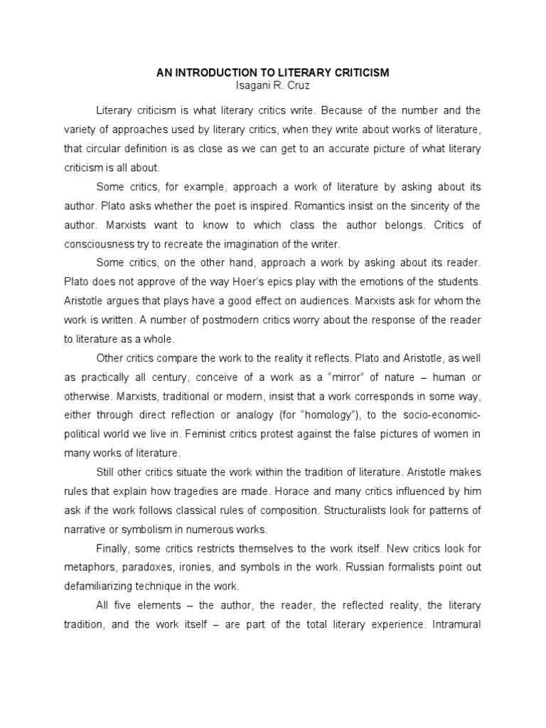 An Introduction To Literary Criticism by Isagani Cruz | PDF | Literary ...
