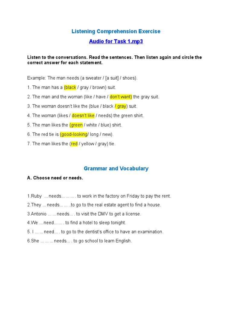 Listening Comprehension Exercise: Audio For Task 1.mp3 | PDF | Grammar ...