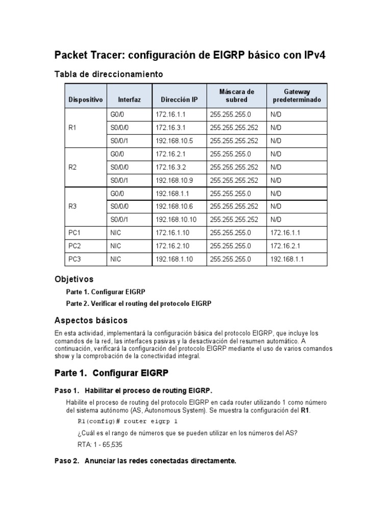 Configuración básica de EIGRP y verificación de conectividad en una red IPv4 | PDF | Enrutador ...