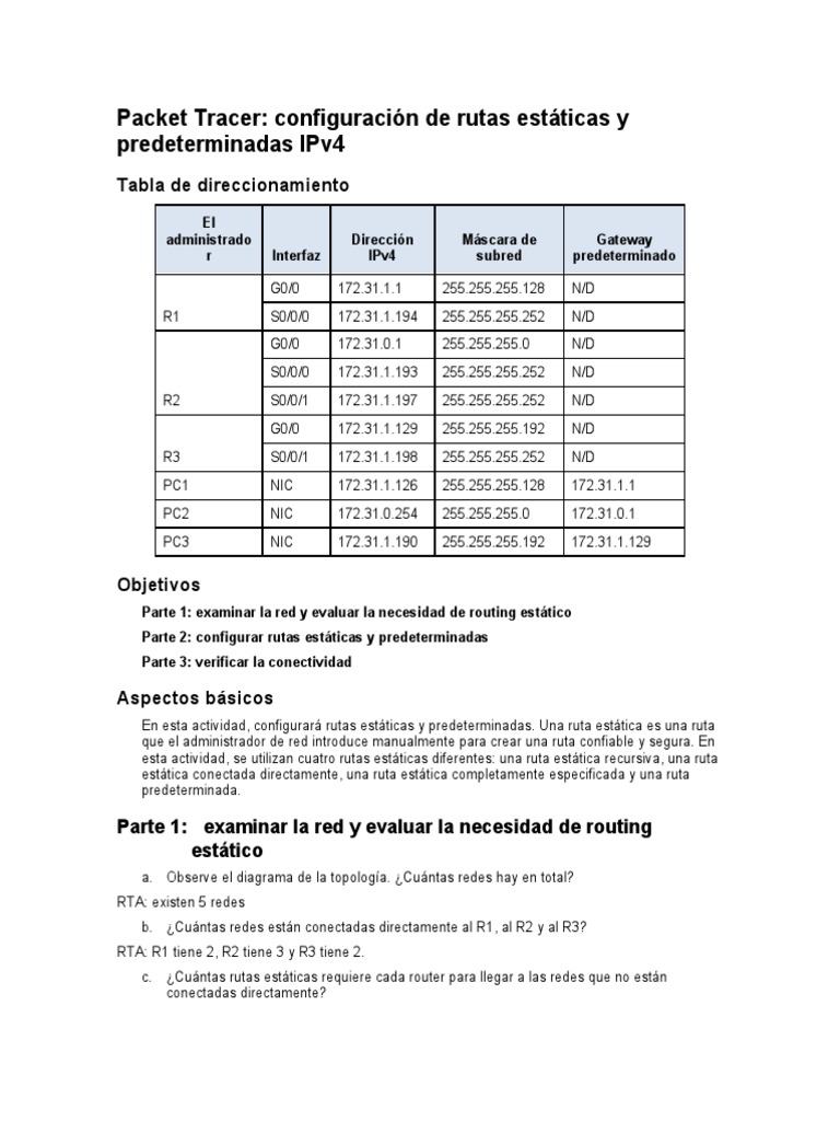 Configuración de rutas estáticas y predeterminadas IPv4 para conectar redes en Packet Tracer ...