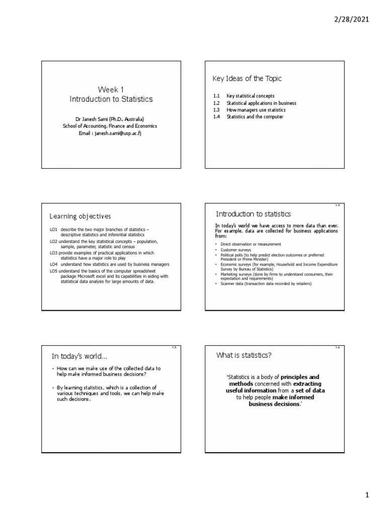 Week 1 Introduction To Statistics Key Ideas Of The Topic Pdf Statistical Inference Statistics