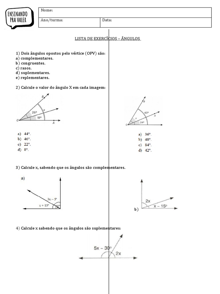 7o Ano - Exercício - Lista Ângulos | PDF