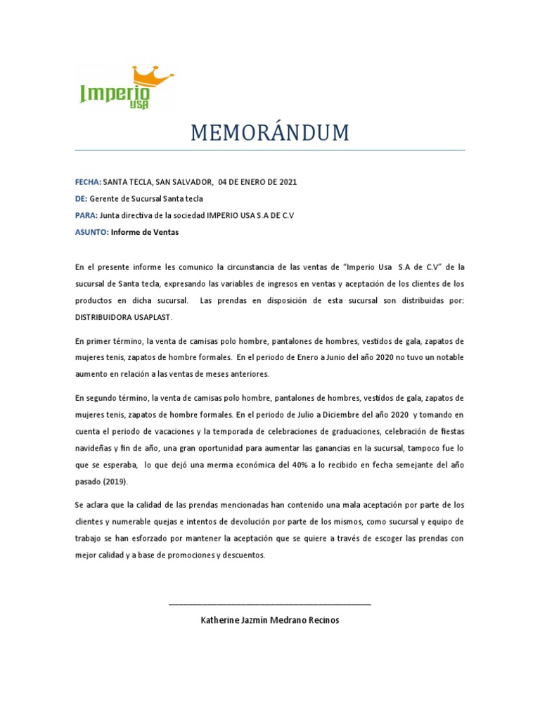 Ejemplo De Memorándum Para Empresa Pdf