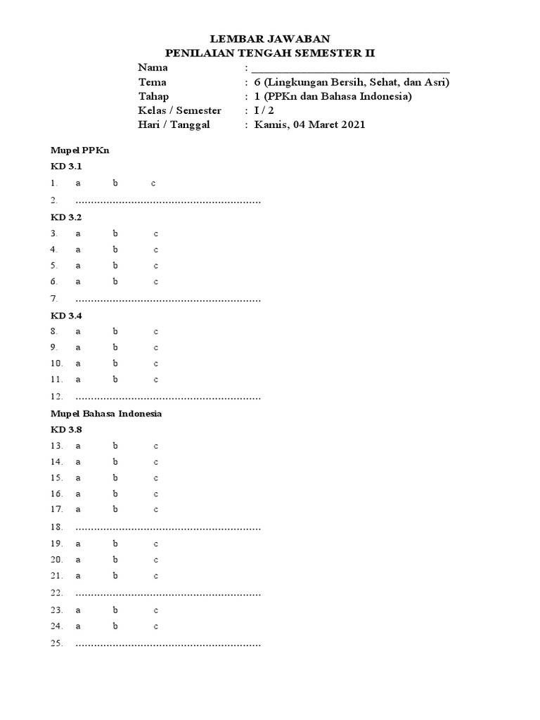 Pts Kelas 1 Tema - Soal Pts II Kelas 1 Tema 6 Tahap 1 Ok - Lembar Jawaban Tema 6 Tahap 1 | PDF