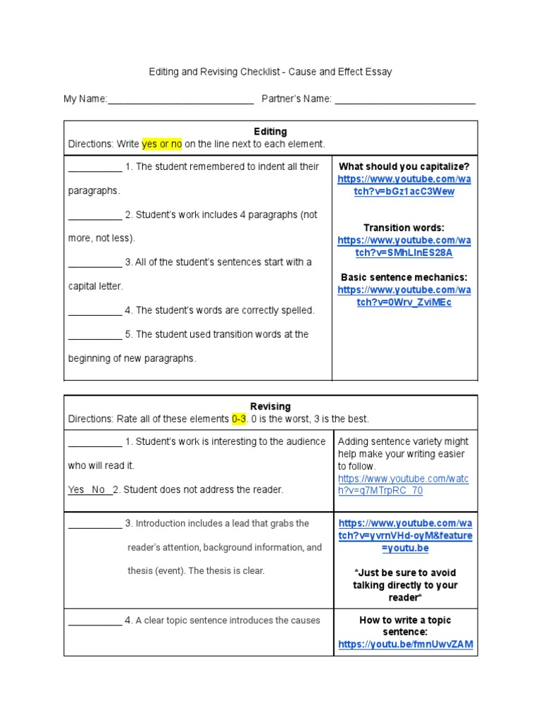 Cause and Effect Peer Editing Revising With Mini Lessons 1 | PDF ...