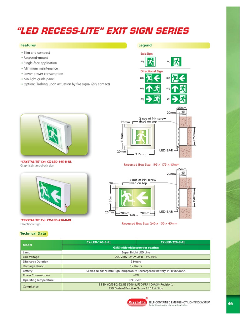 "Led Recess-Lite" Exit Sign Series: Features Legend | PDF | Electricity ...