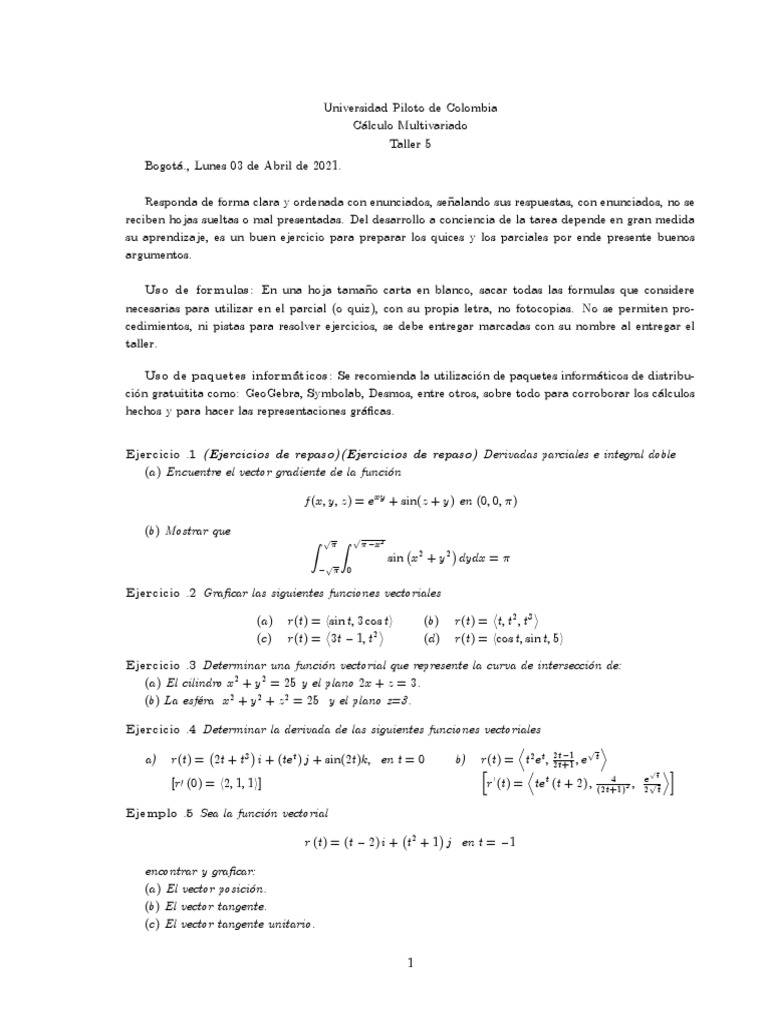 Taller Cálculo Multivariado 5 y 6 | PDF | Cálculo multivariable ...