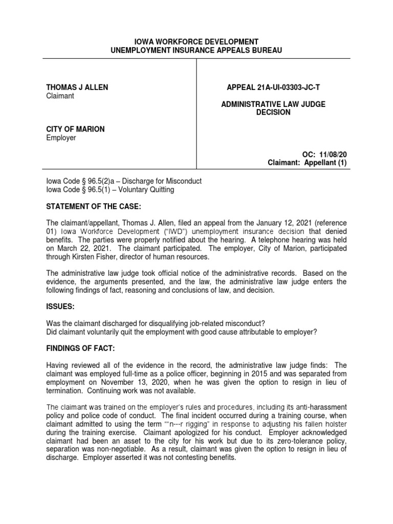 Thomas Allen Unemployment Denial | PDF | Unemployment Benefits ...