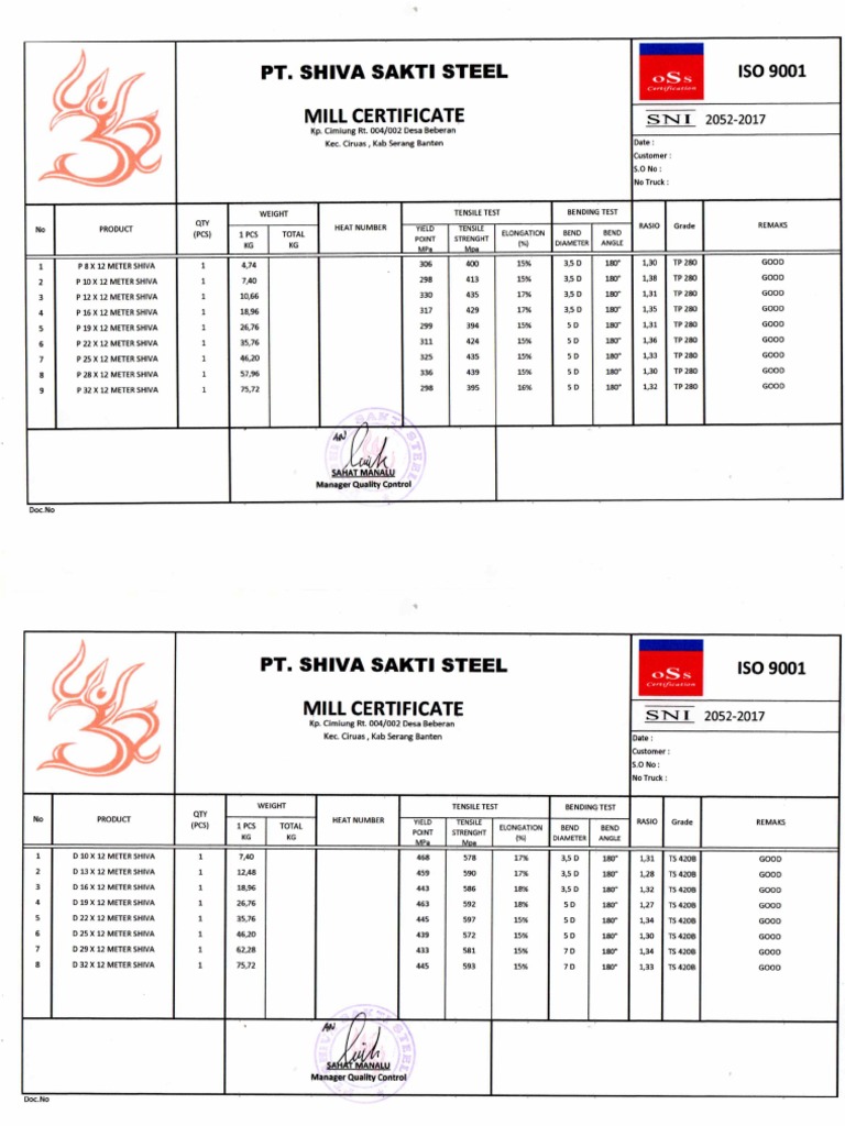 Mill Certificate Besi | PDF