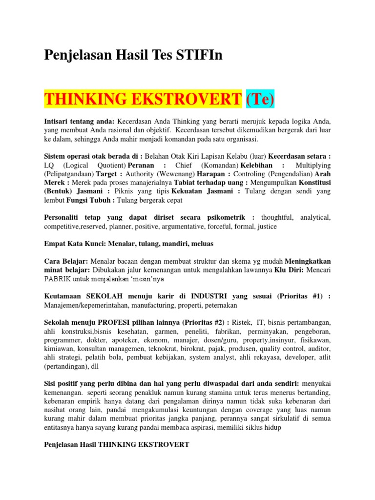 Penjelasan Hasil Tes STIFIn - THINGKING EXTROVERT | PDF