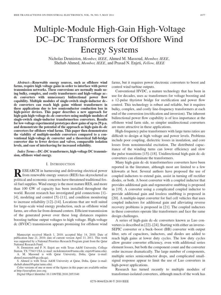 Multiple-Module High-Gain High-Voltage DC-DC Transformers For Offshore Wind Energy Systems | PDF ...