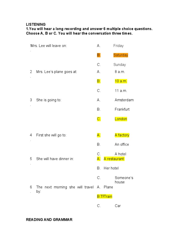 Listening 1.you Will Hear A Long Recording and Answer 6 Multiple Choice ...