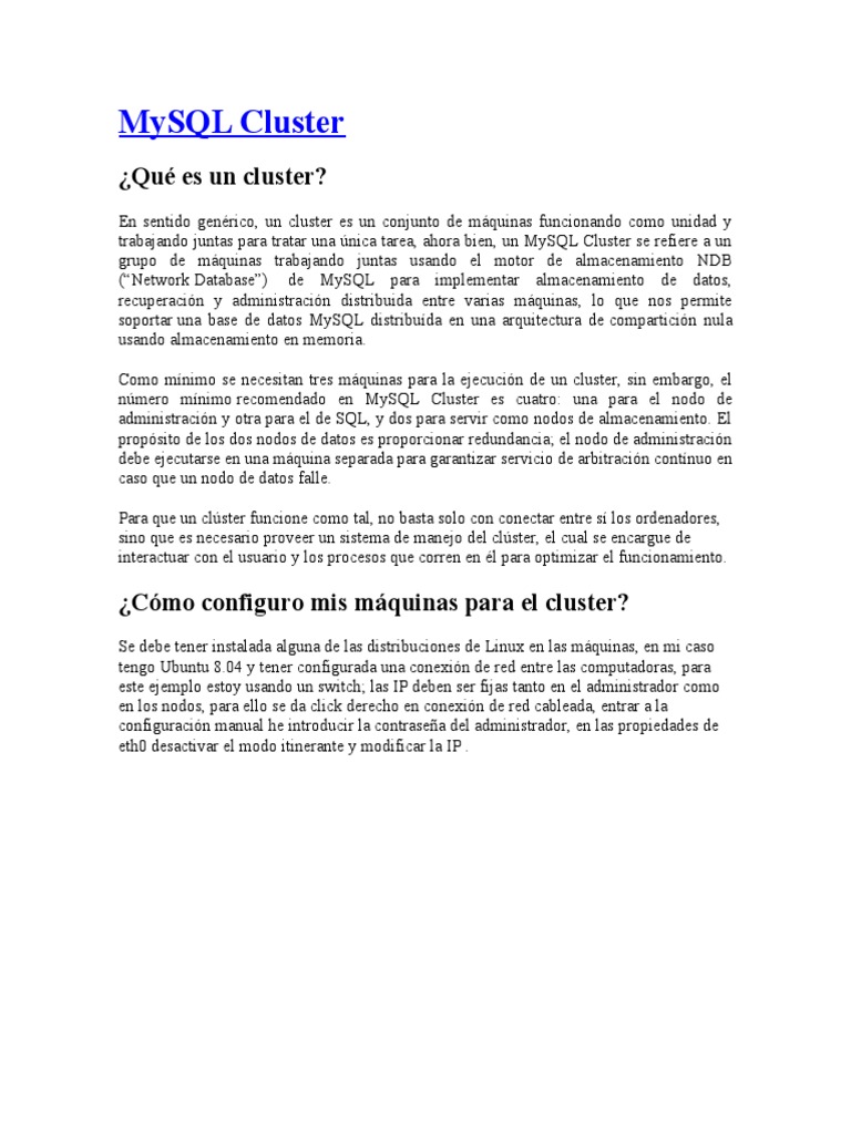 MySQL Cluster | PDF | Grupo de computadoras | Mi sql