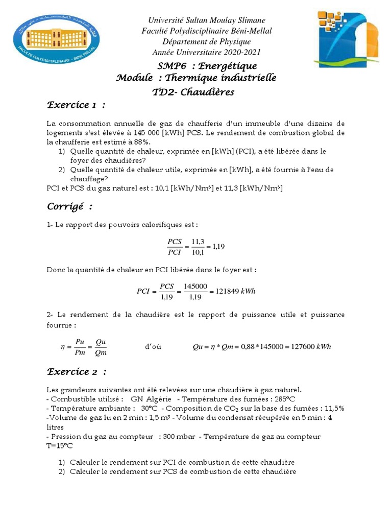 TD2 SMP6 20-21 Corrigé | PDF | Chaudière | Atmosphère de la Terre
