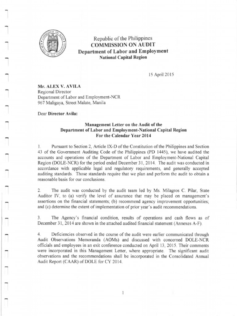DOLE-NCR Audit Report 2014 | PDF | Auditor's Report | Audit